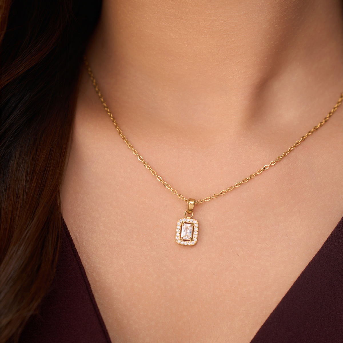 Rectangle Halo Diamond Necklace- 18K Gold Plated – Elinor Jewels
